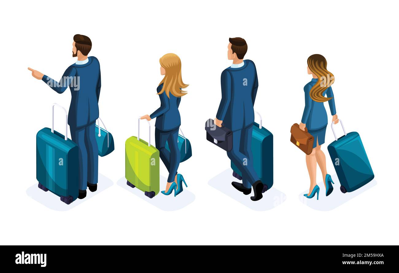 Isometric Set Of Beautiful Business People And Business Woman On A Business Trip With Luggage