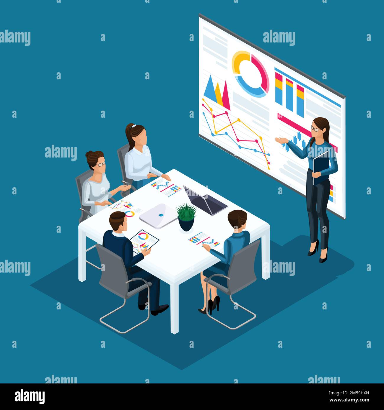 Isometric people person, 3d businessmen, girl coaching, business ...