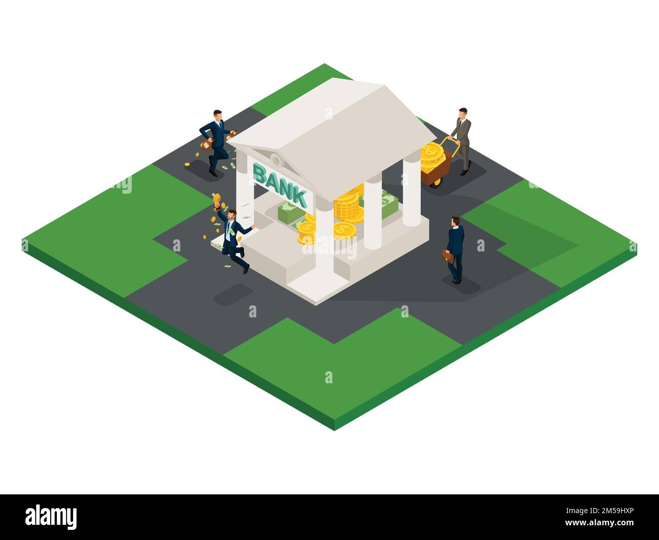 Trendy Isometric objects, 3d bank icon, pile of cash, gold coins ...