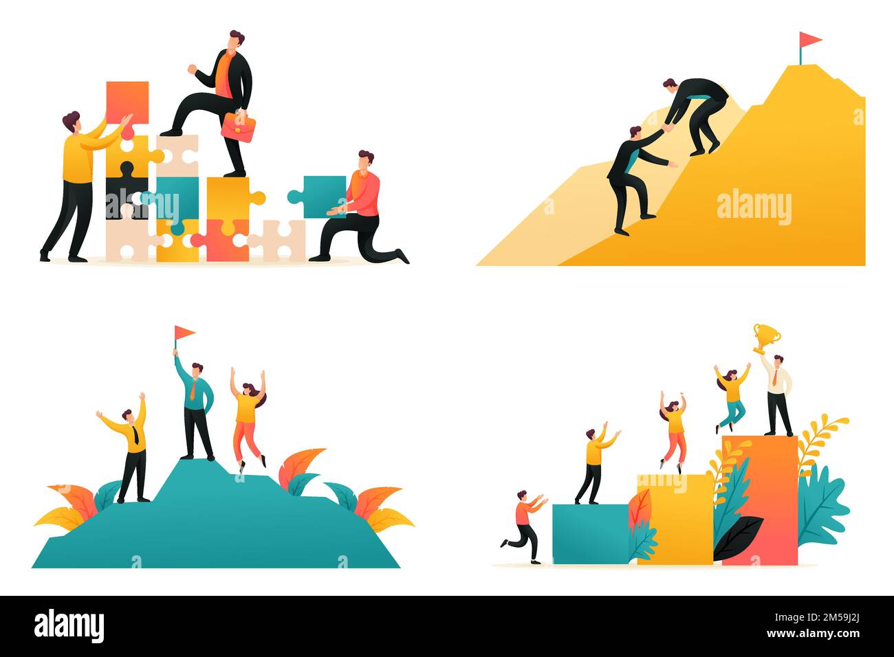 Flat 2D illustration on the topic of achieving success as a team, the path to success, teamwork ...