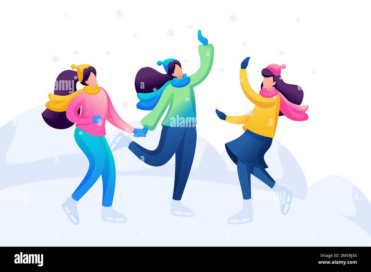 Girlfriends skate, have fun, rejoice, laugh, friendship. Flat 2D ...