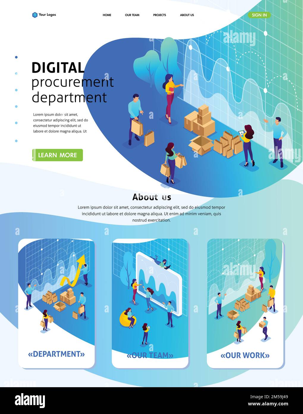 Isometric Website Template Landing page concept of digital procurement, marketing research ...