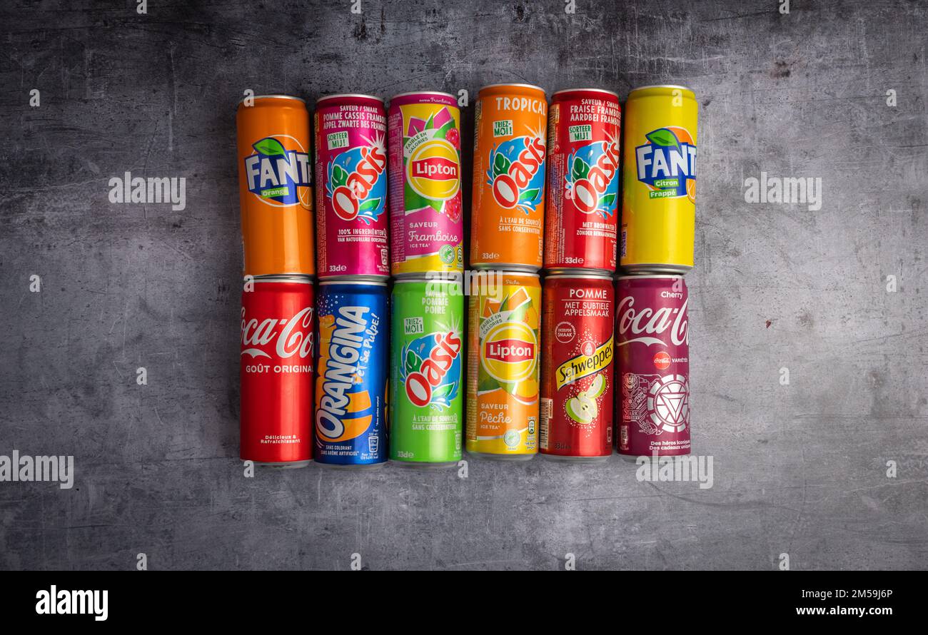 december 21 2022 : Lyon, Rhone Alpes Auvergne, France : groups of cans ...