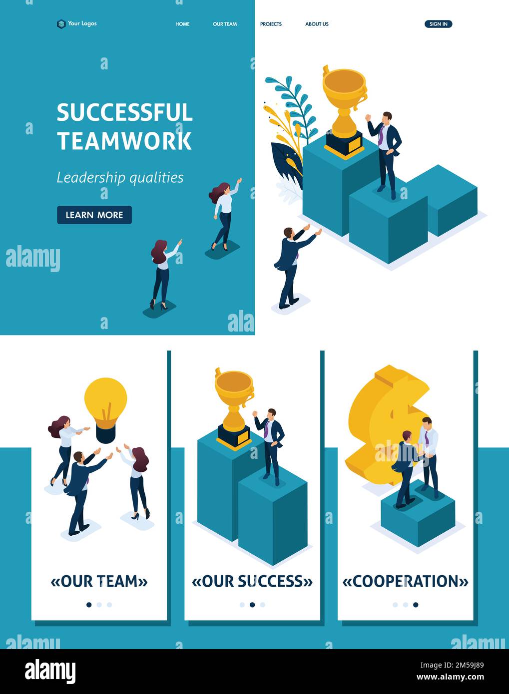Isometric Website Template Landing page Leadership qualities. Employees ...