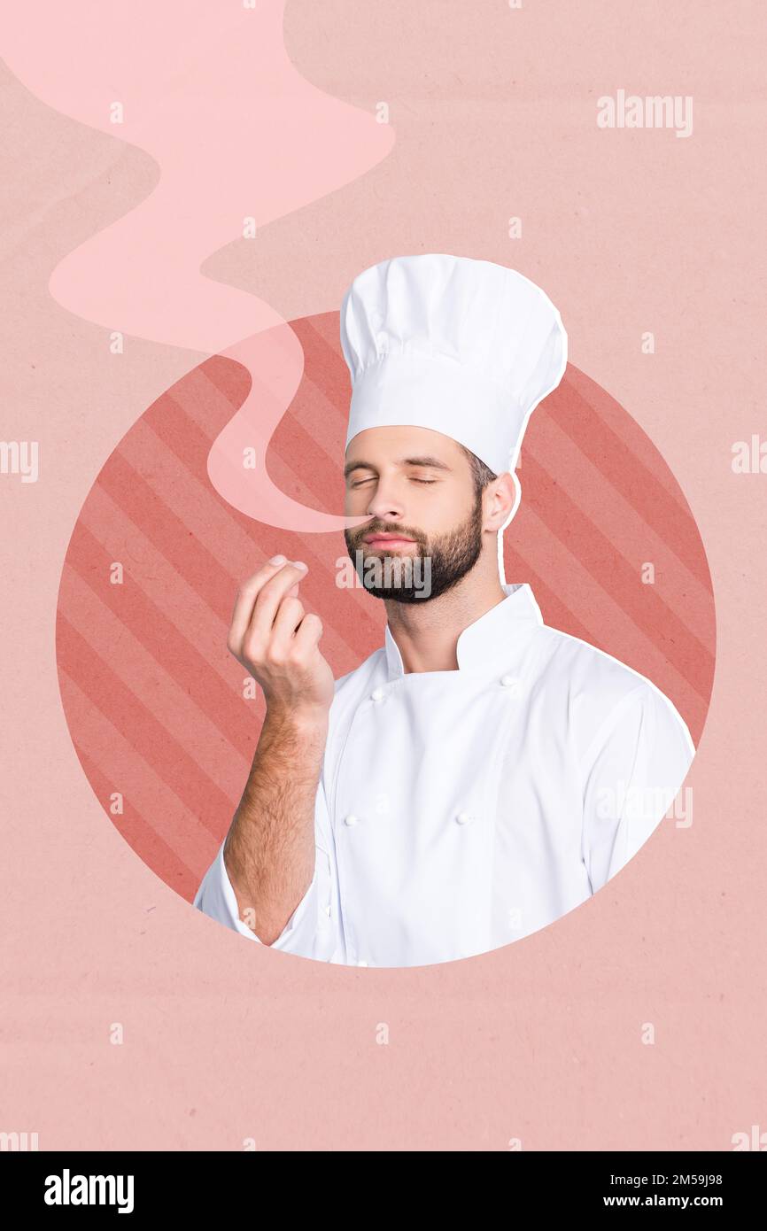 Vertical collage picture of satisfied positive cook man closed eyes ...