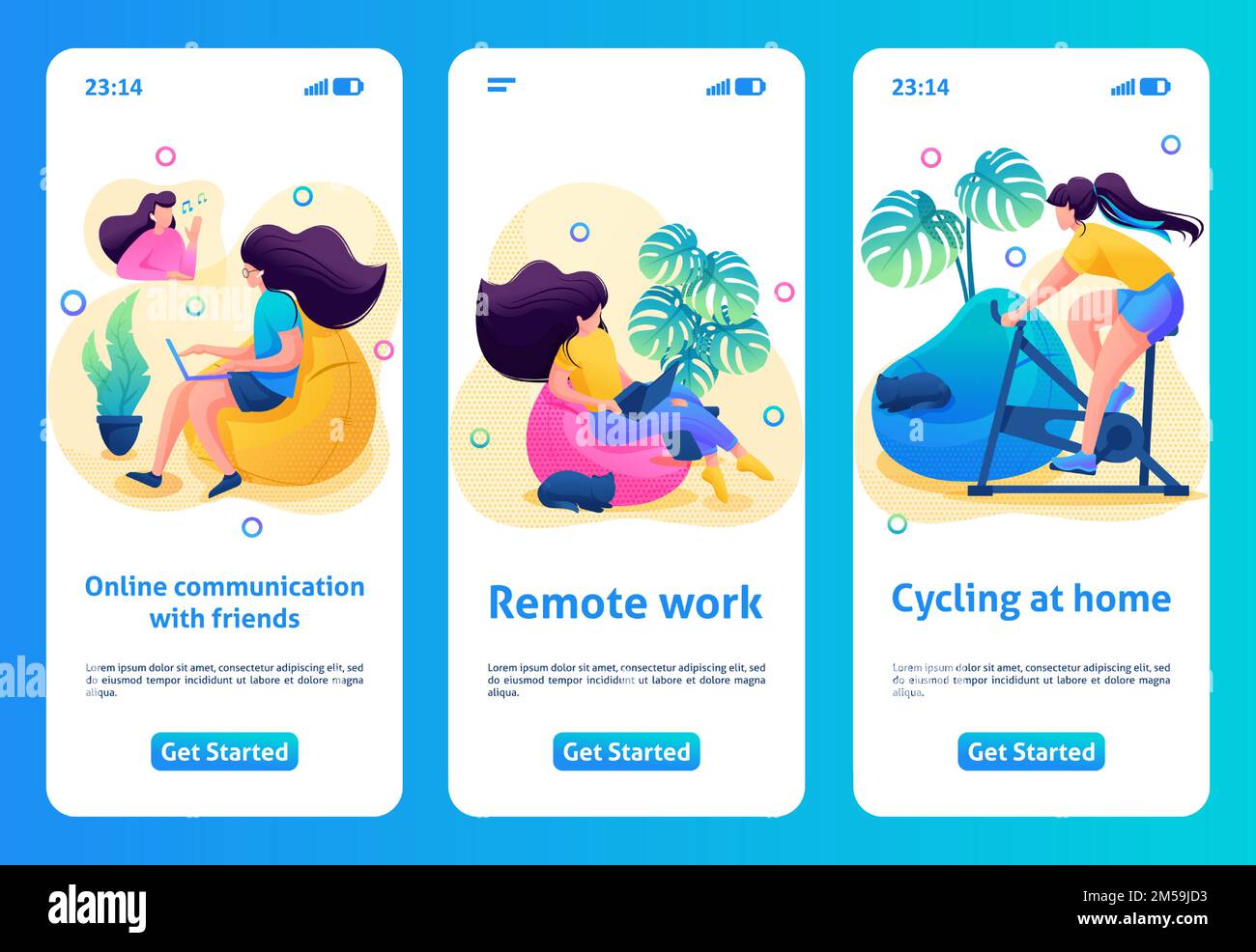 Mobile app design, template. 2D character stays at home, quarantined. Girl plays sports, works ...