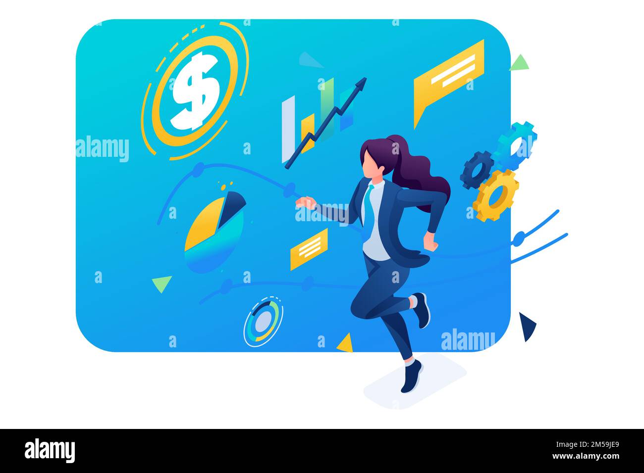 Business lady is committed to success, runs on a planned schedule. 3D ...