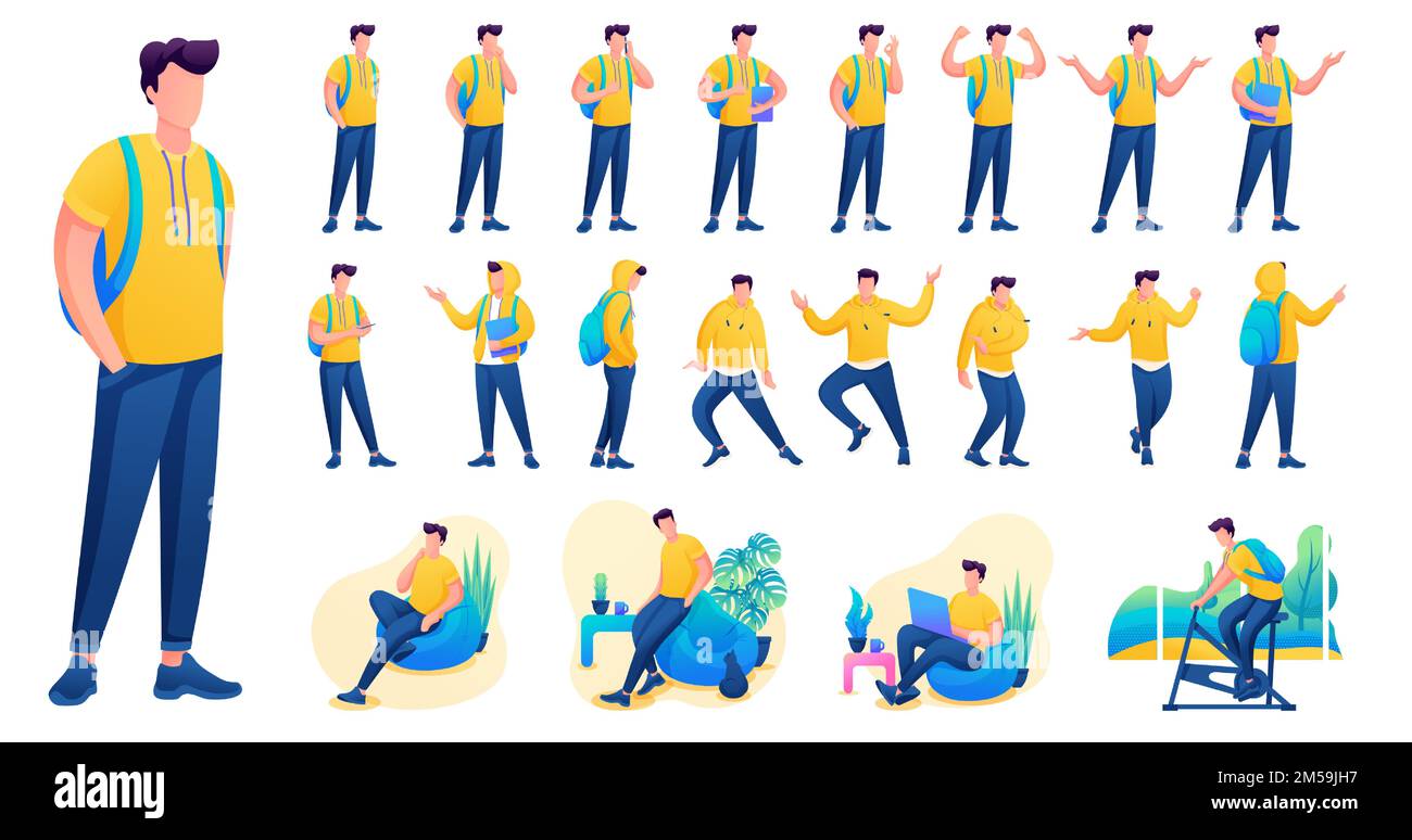 Presentation in various poses and actions character. Young Men. 2D Flat ...