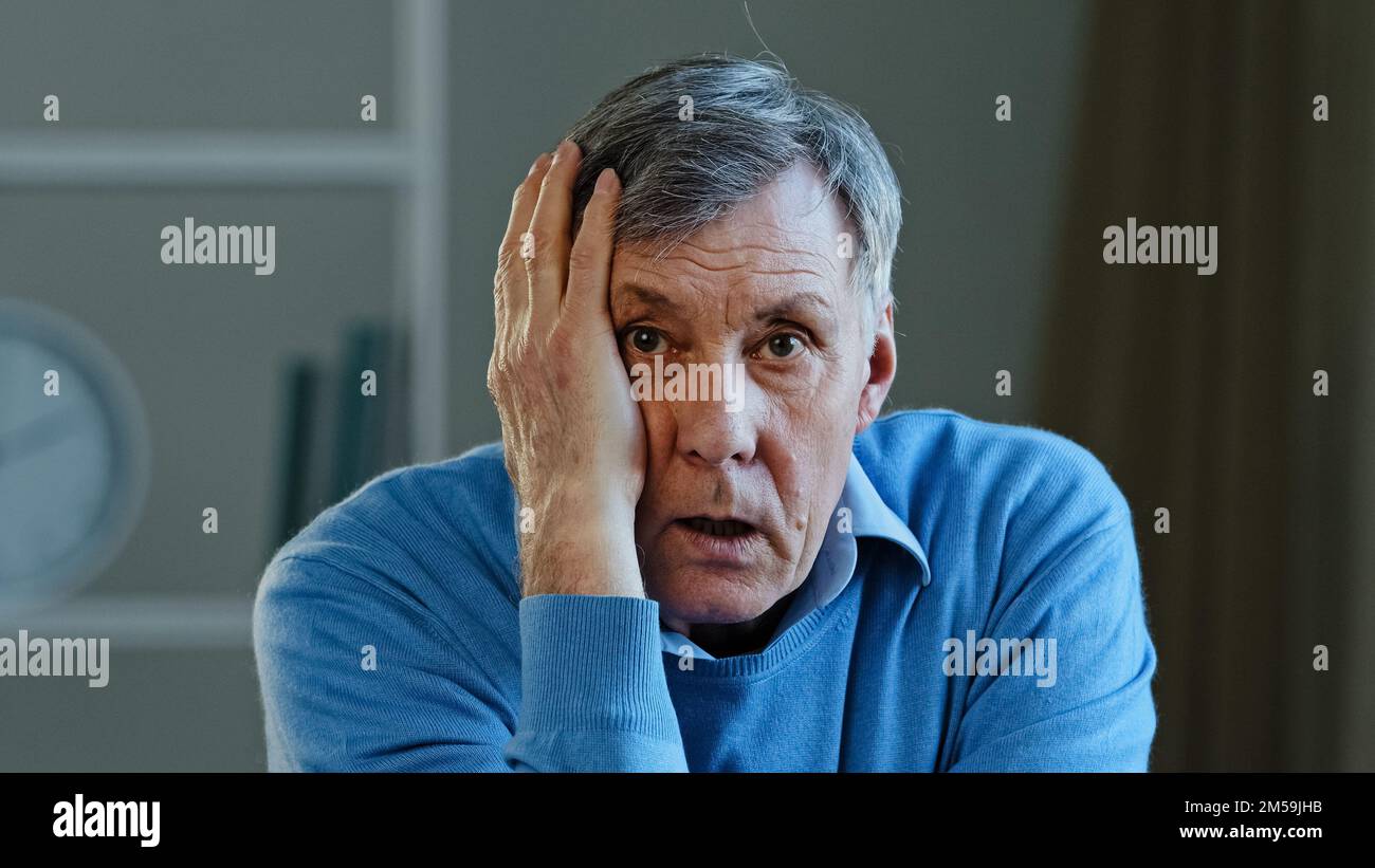Shocked old senior Caucasian man amazed elderly mature 60s male feeling ...