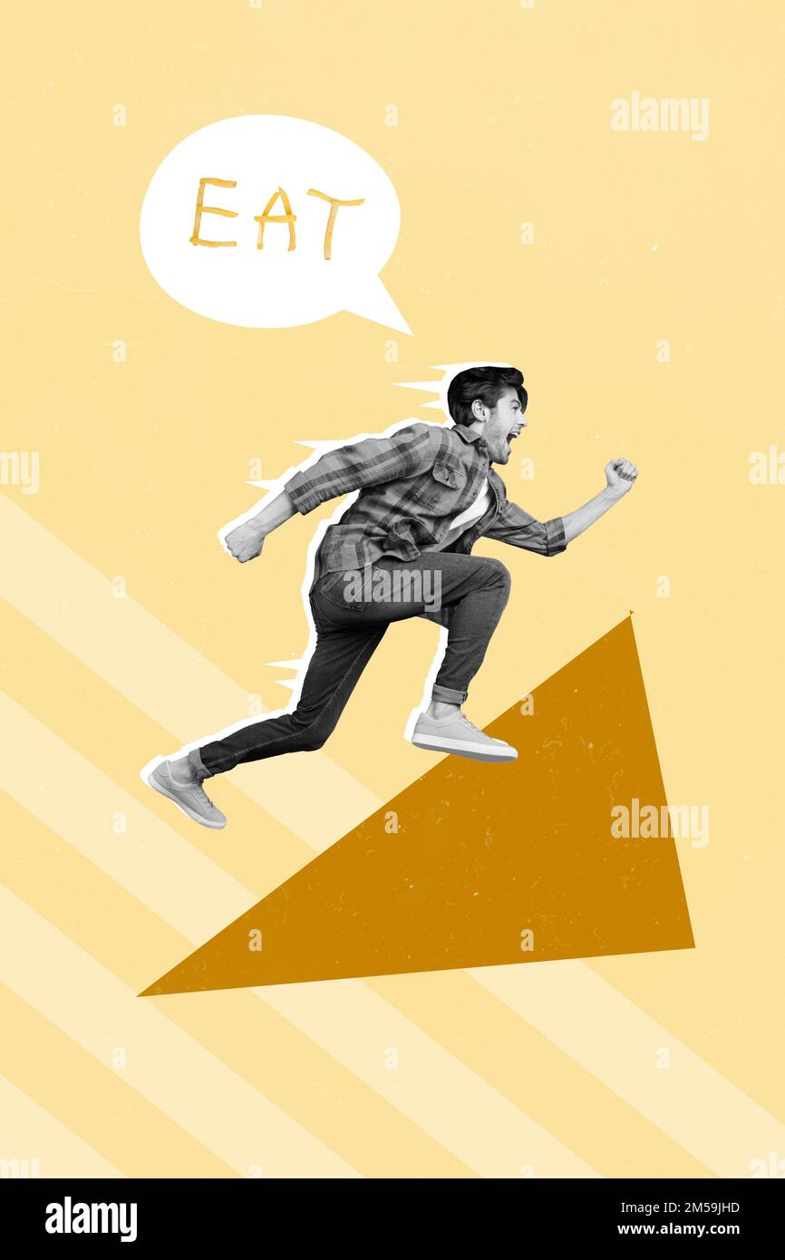 Vertical collage portrait of black white colors hungry guy jumping ...