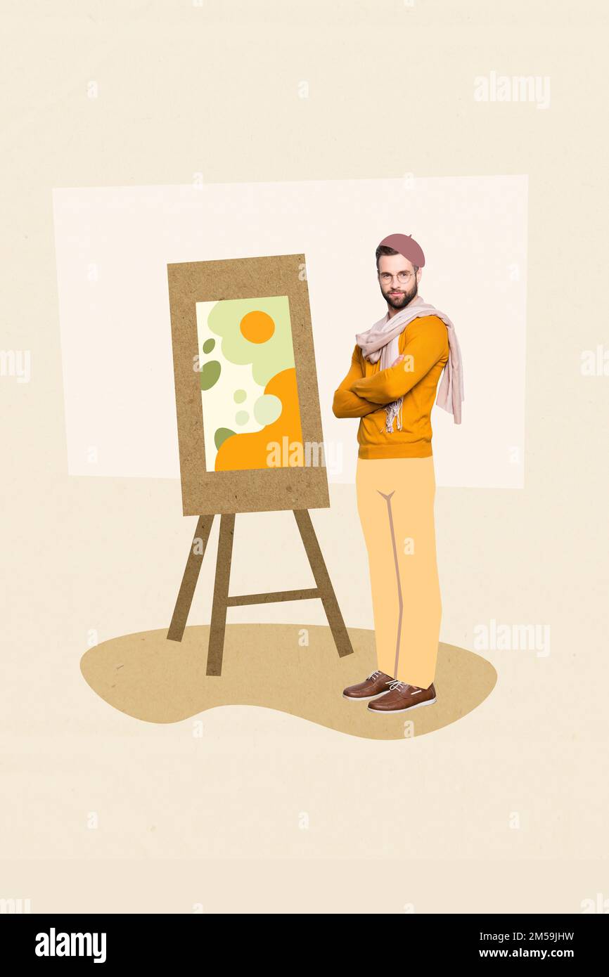 Vertical collage portrait of confident successful guy painter crossed ...