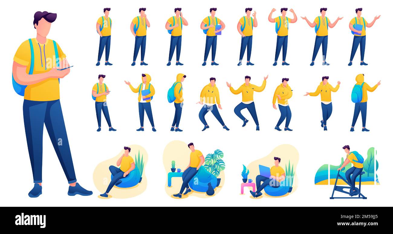 Presentation in various poses and actions character. Young Men. 2D Flat ...