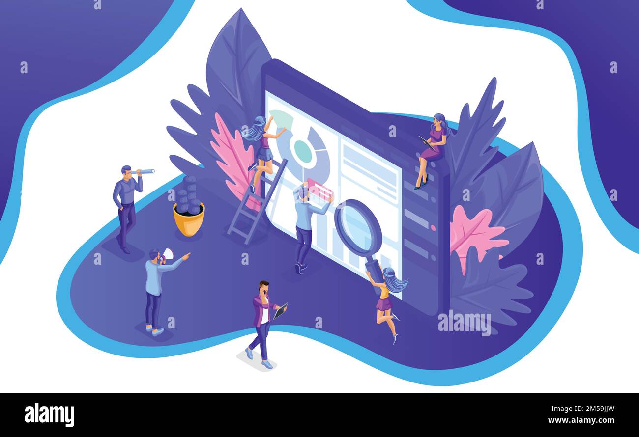 Isometric team of specialists working on digital marketing strategy ...