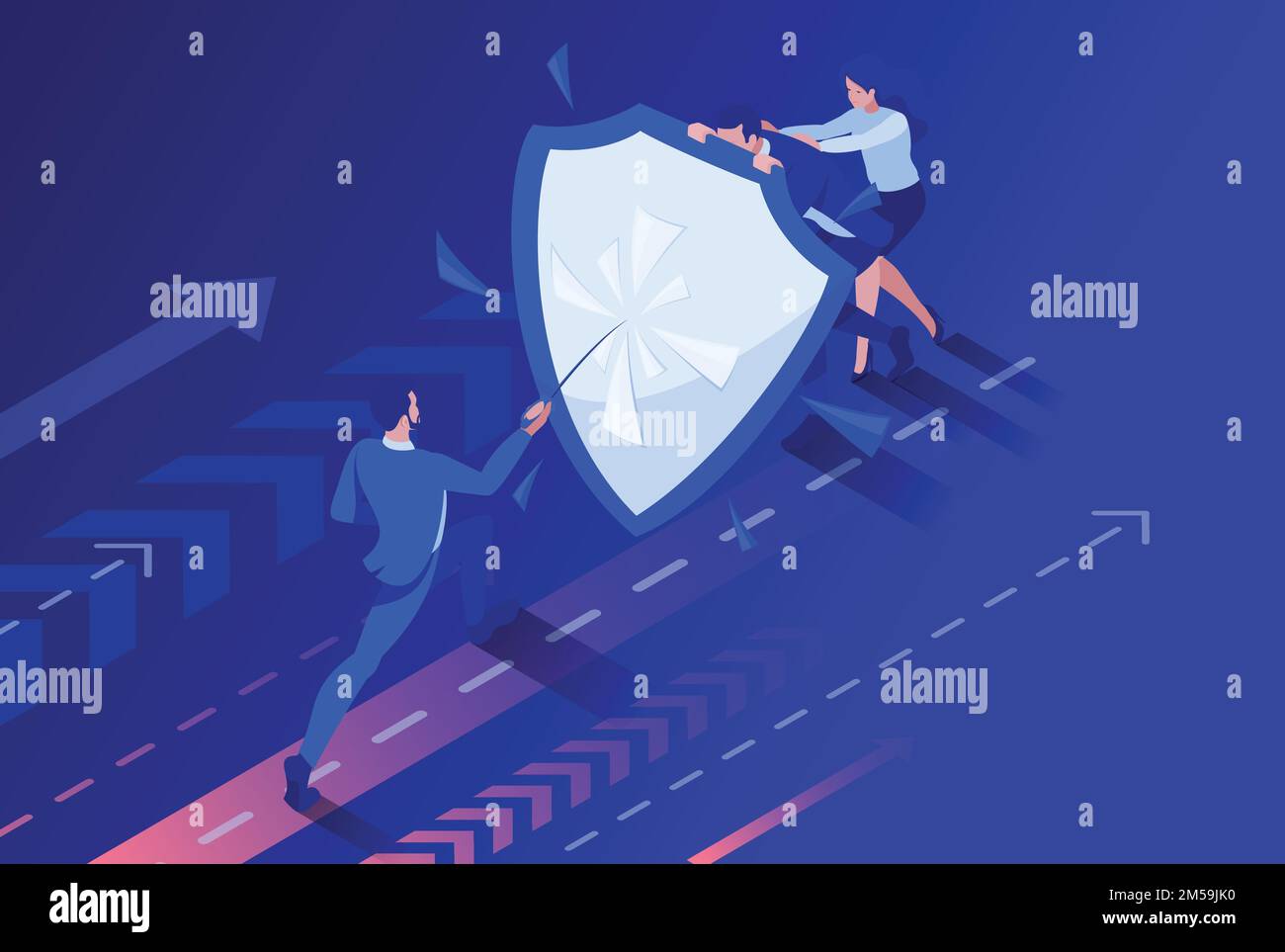 Isometric Business businessmen hiding behind a shield from attack ...
