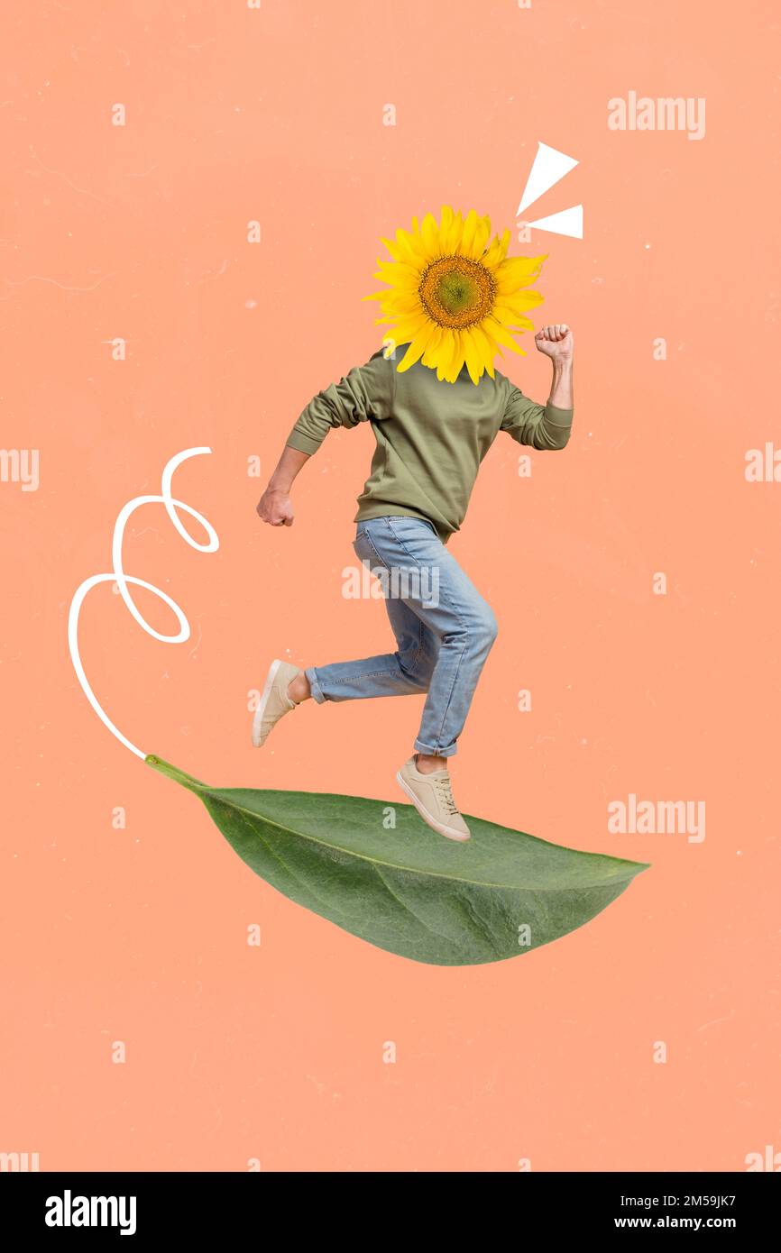 Photo collage 3d artwork of young run abstract green leaf headless ...