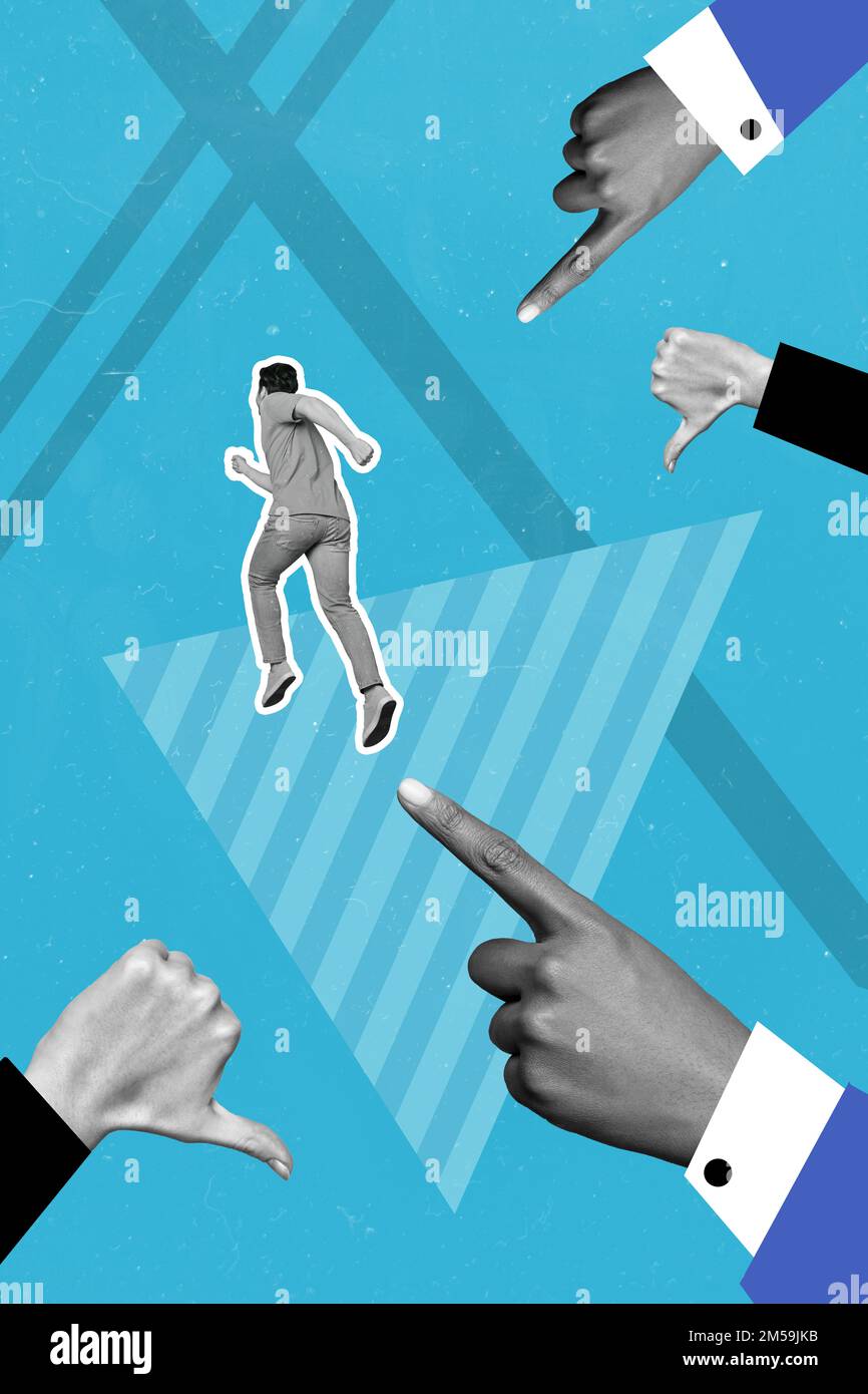 Vertical collage image of human arms fingers show thumb down gesture ...