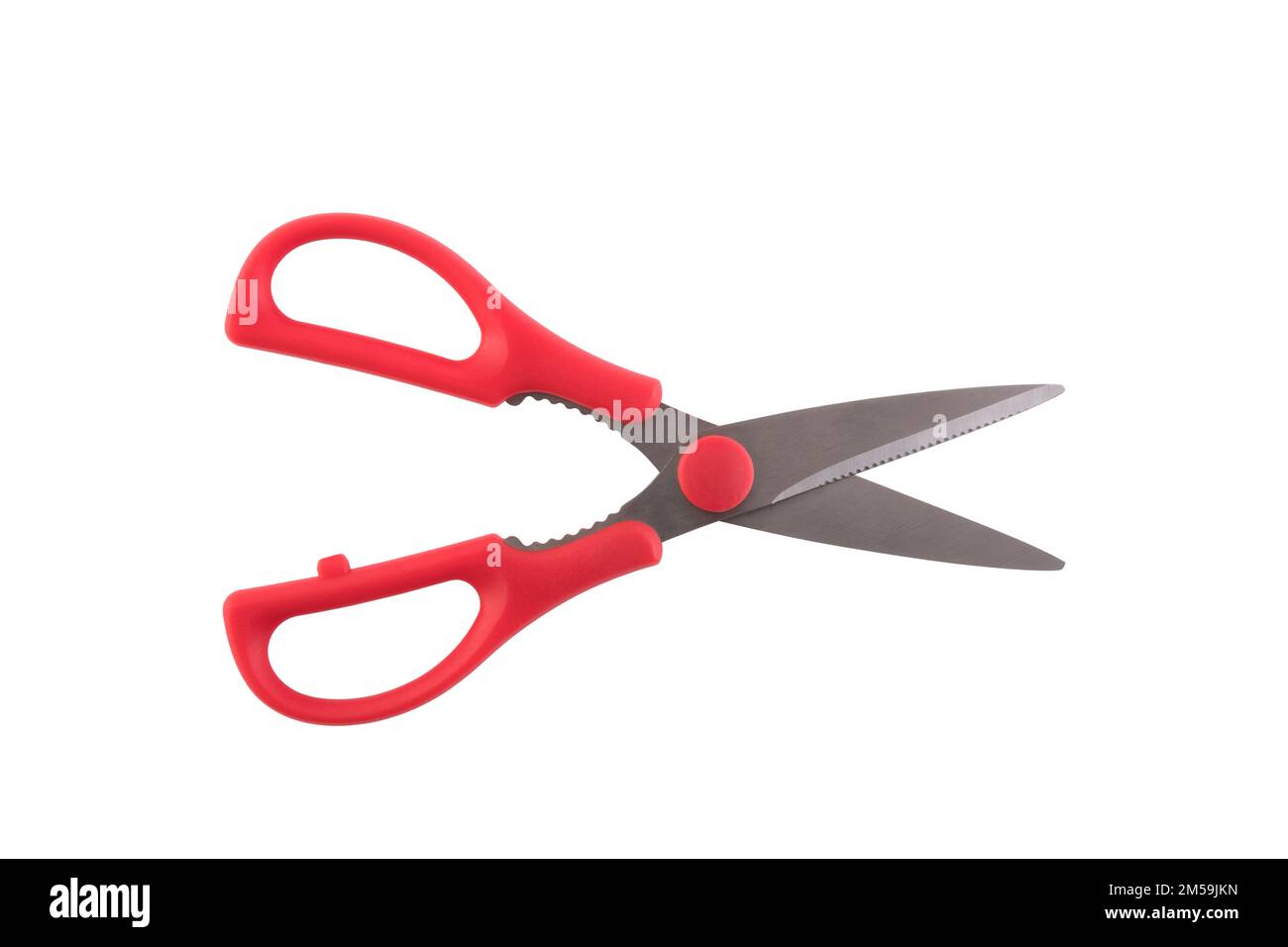 Scissors with red plastic handles isolated on white background with ...