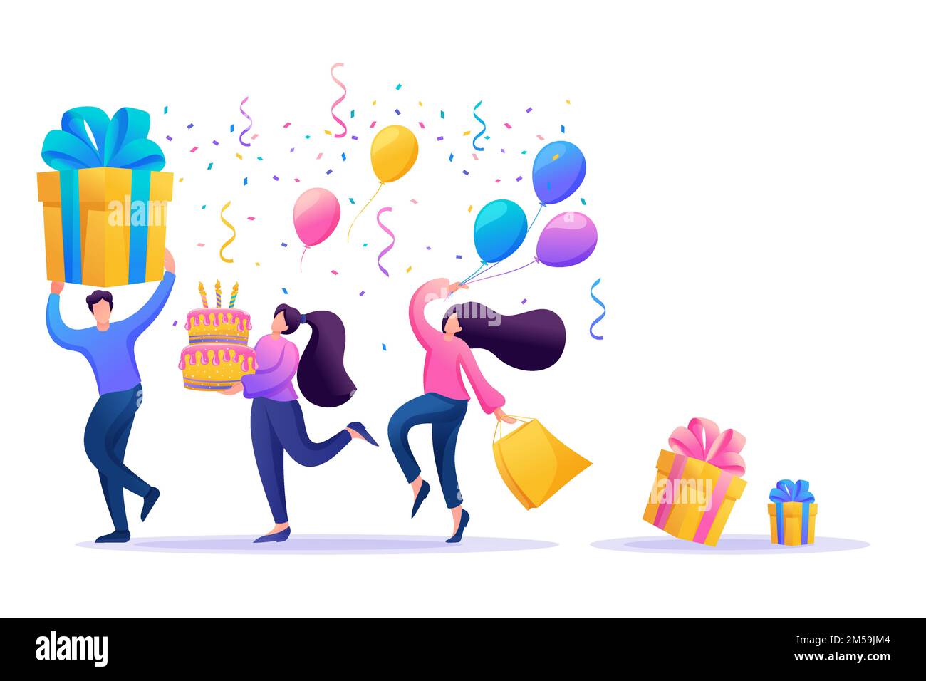 Holiday party with friends. People carry gifts, balloons, a cake with ...