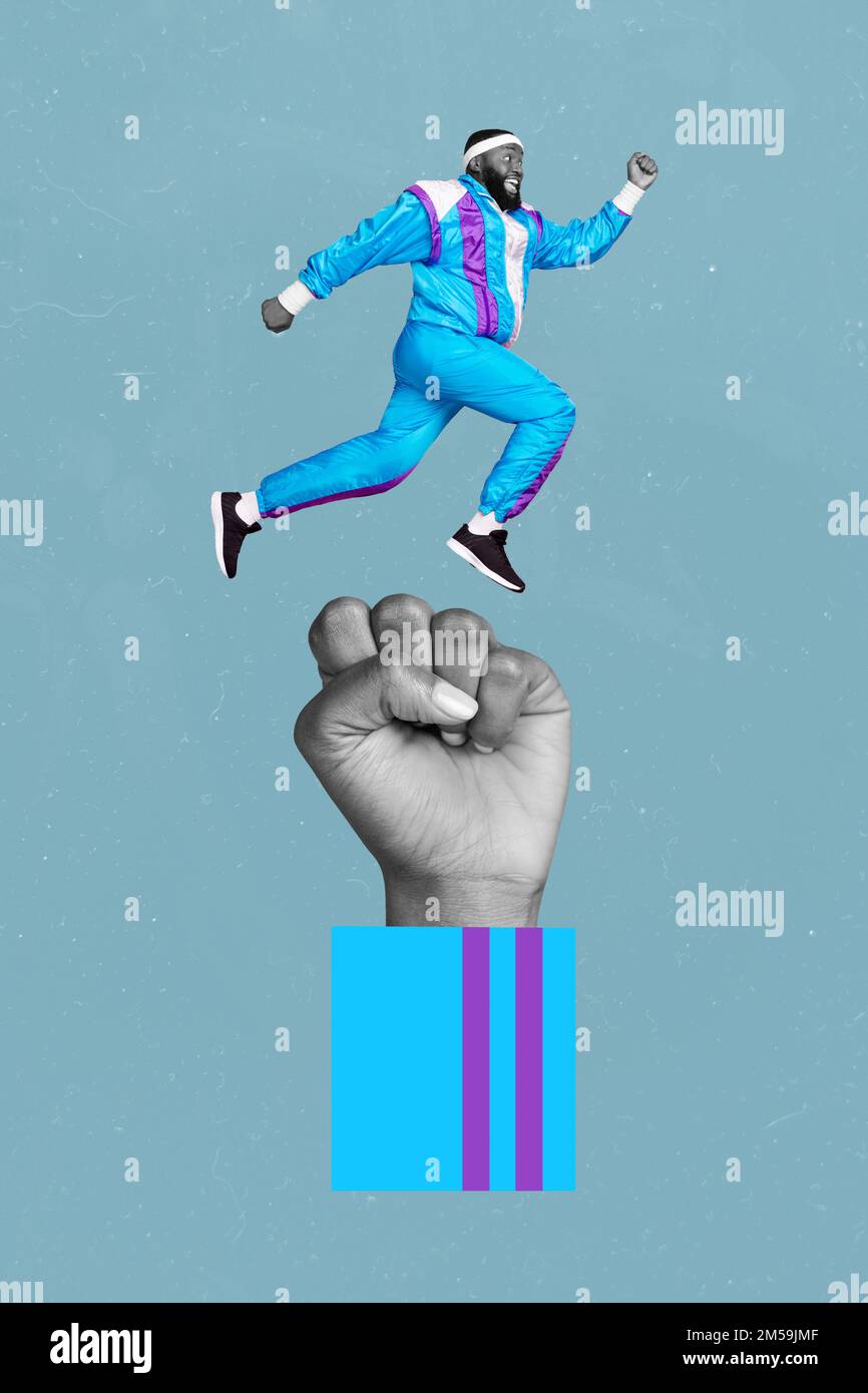 Vertical collage image of black white gamma big arm fist punch jumping ...