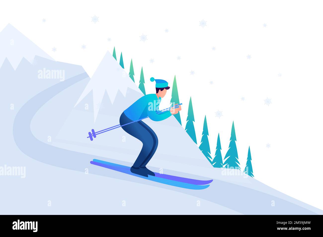 Young man skiing in Christmas vacation, winter fun. Flat 2D character ...