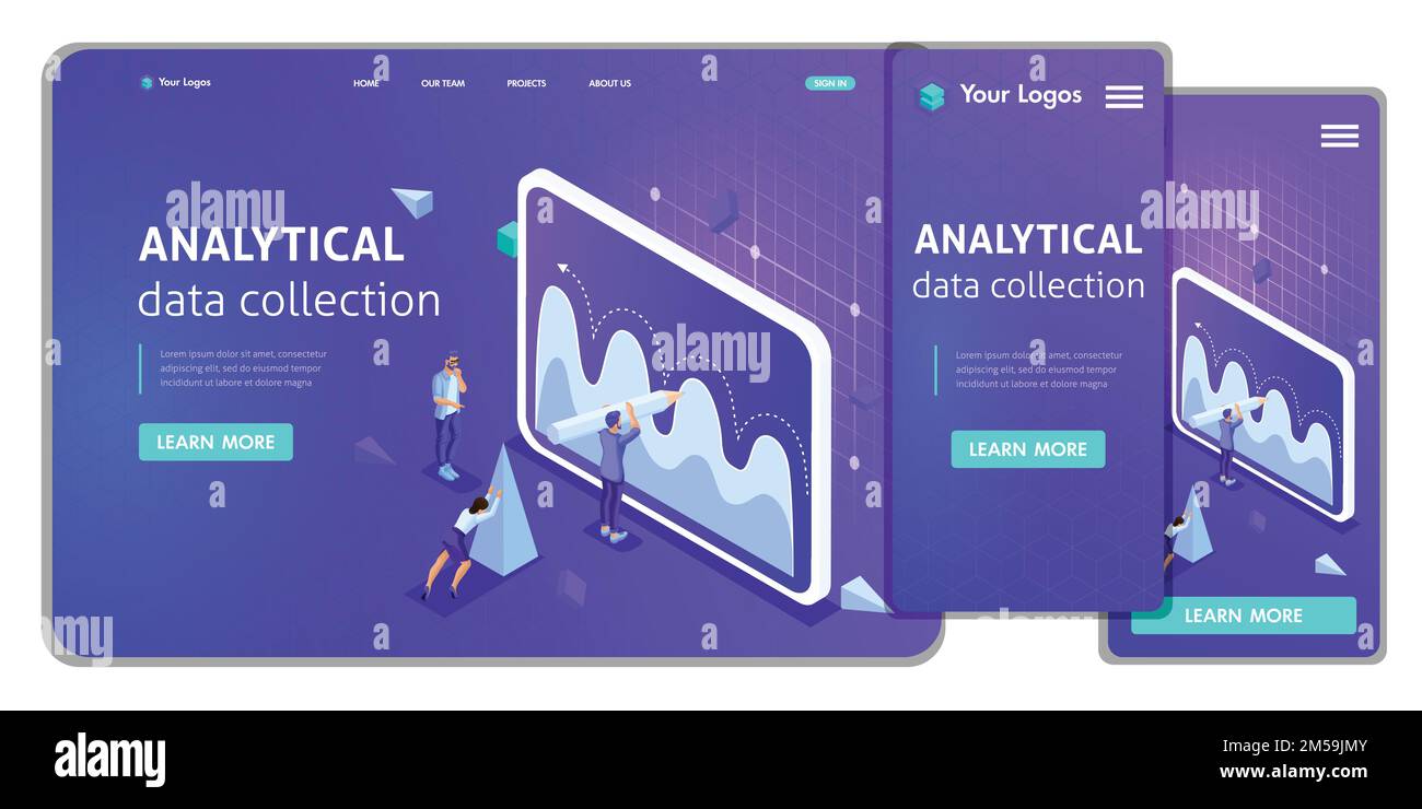 Website Template Landing page Isometric concept analytical data collection, Teamwork. Easy to ...