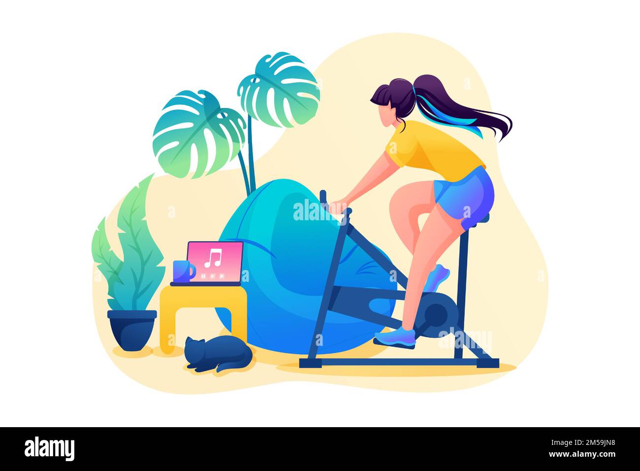 Girl is engaged in sports at home, Cycling. Flat 2D character. Concept ...