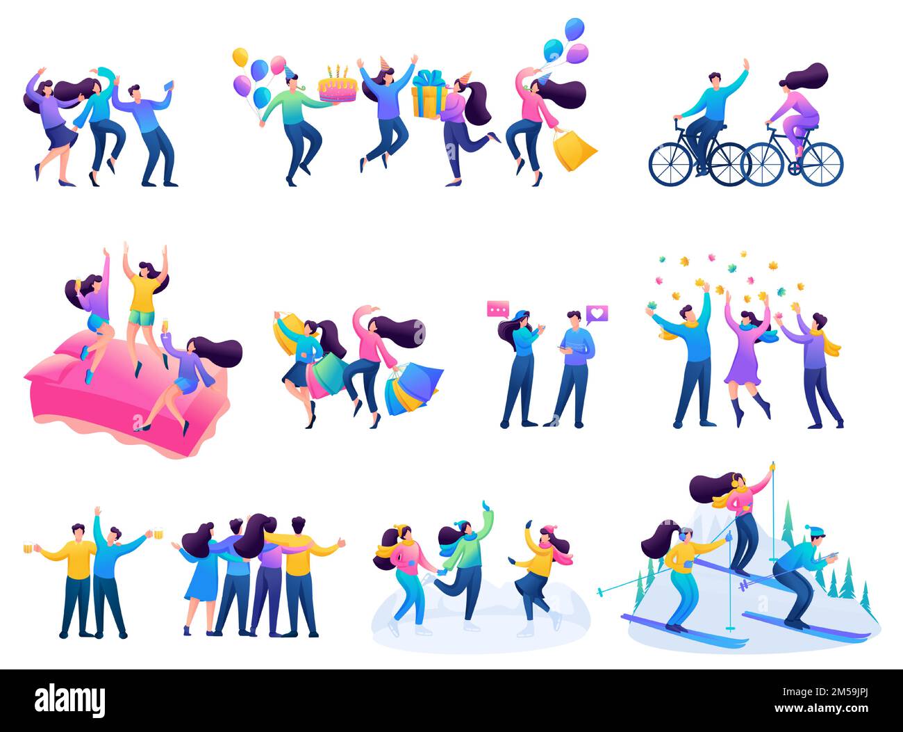 Set of concepts of friendship, friends meet, rejoice, have fun ...