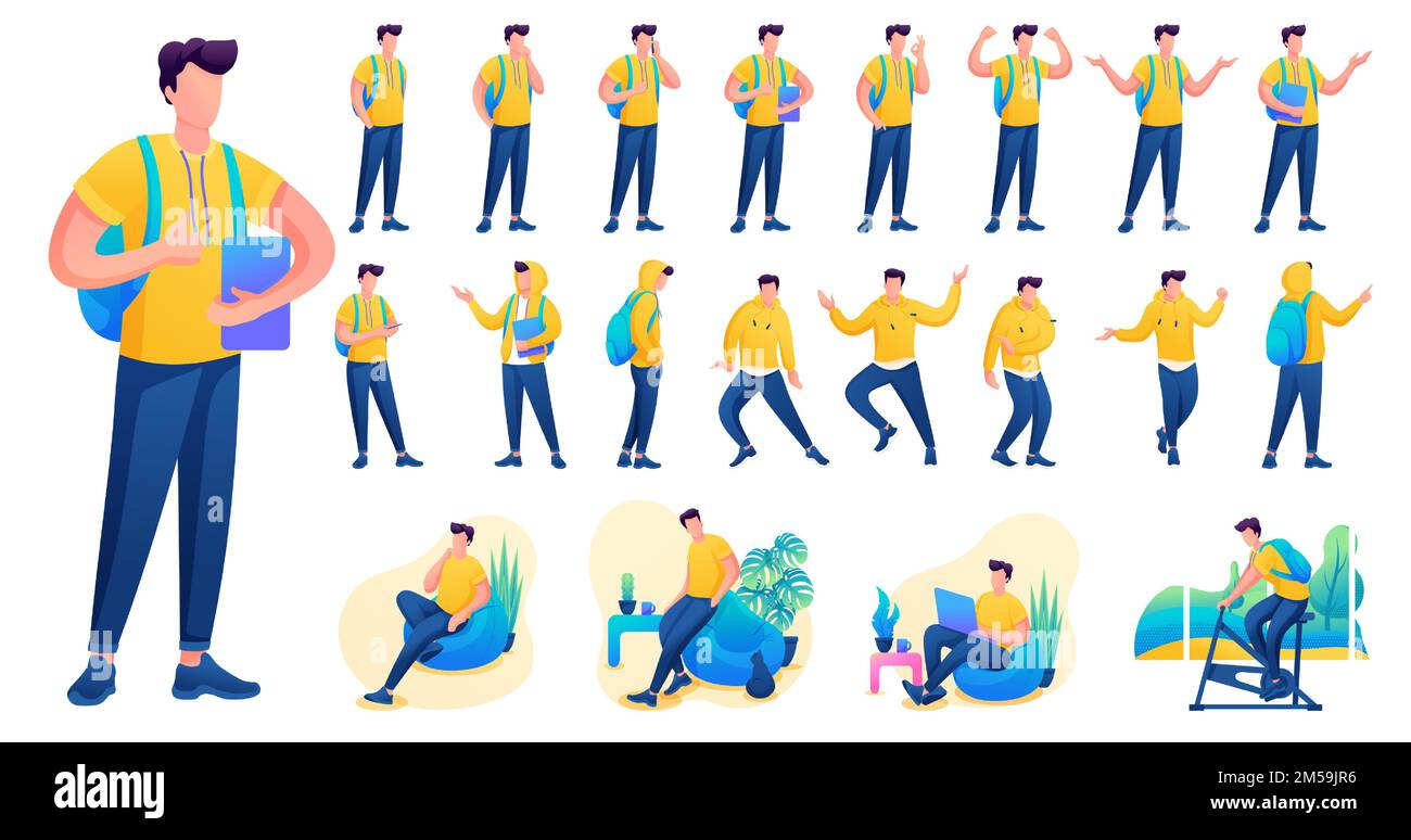 Presentation in various poses and actions character. Young Men. 2D Flat ...