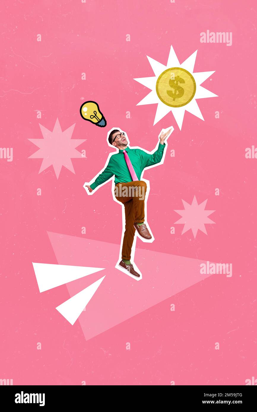 Vertical collage picture of excited mini guy jumping money coin light ...