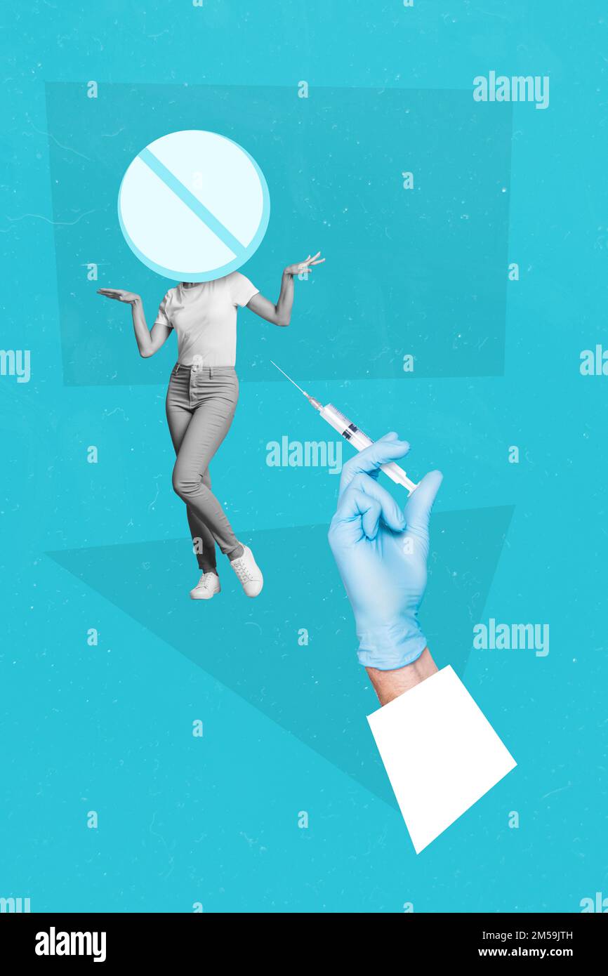 Collage photo poster of young headless pills vaccination doctor hand ...