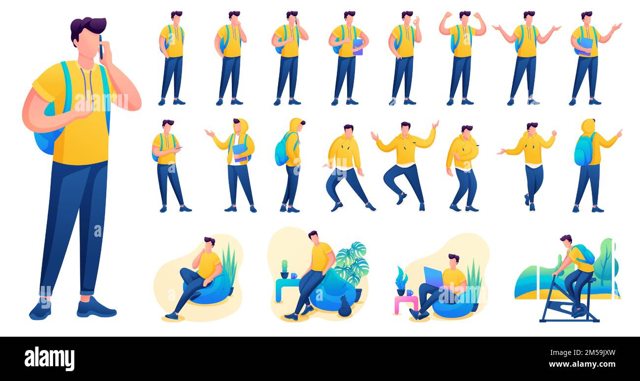 Presentation in various poses and actions character. Young Men. 2D Flat ...