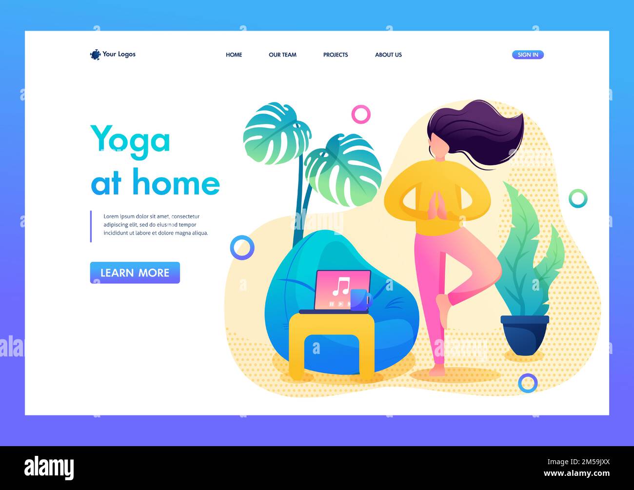 Self-isolation, the girl does yoga at home in a calm environment. Flat ...