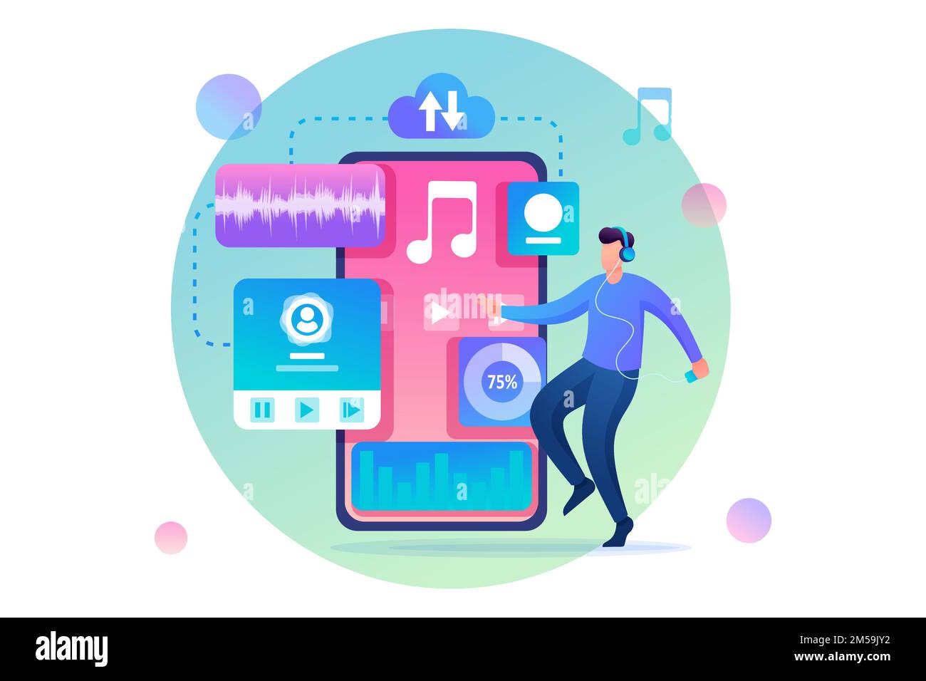 Young man dancing to the music playing on his phone. Listening to music ...