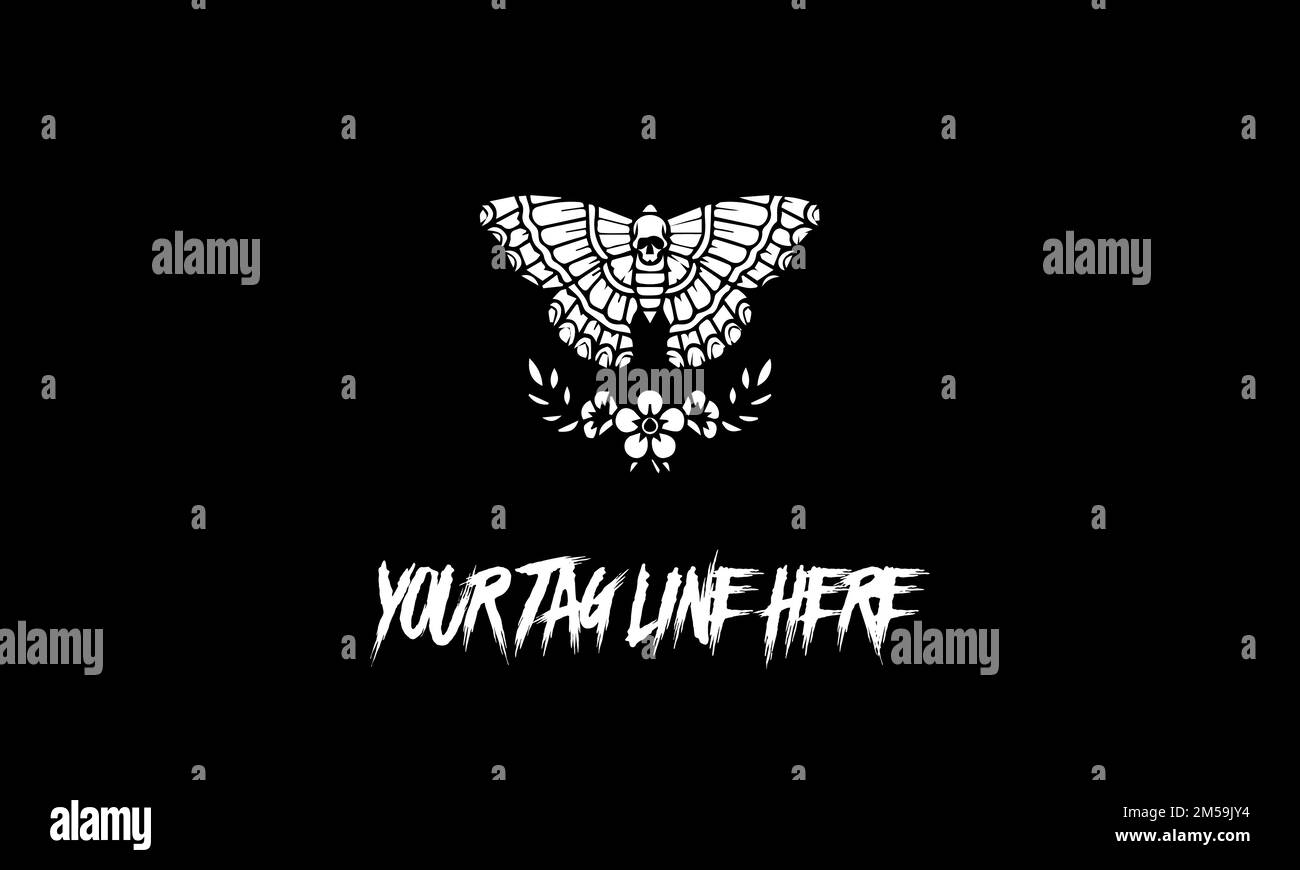 A digital emblem with a white butterfly and flowers isolated on a black ...