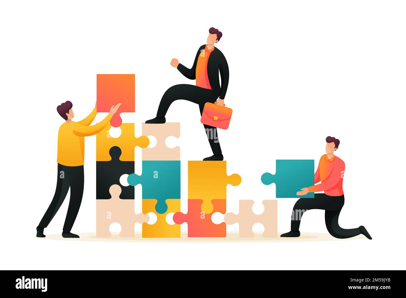 Team entrepreneurs leads to success, helping to build a ladder up. Flat ...