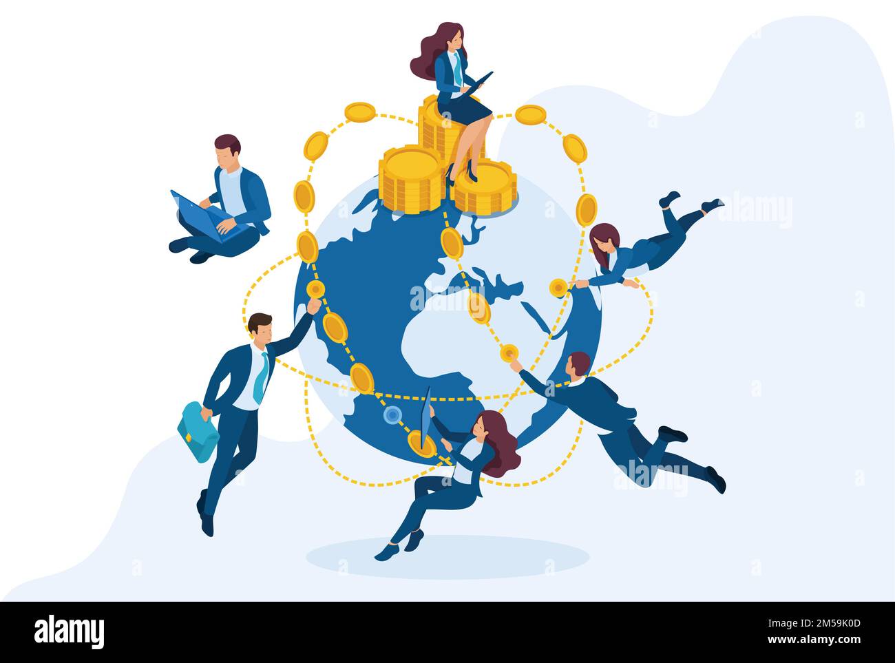 Isometric international investment company, businessmen fly around the ...