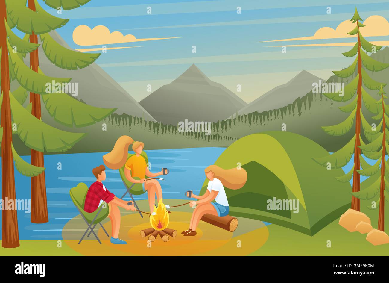 Group of young people at a camping, sitting near a fire in the woods ...