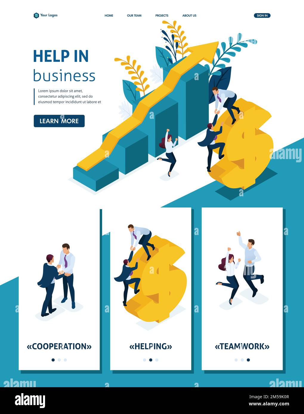 Isometric Website Template Landing page Helping Hand. Large business ...