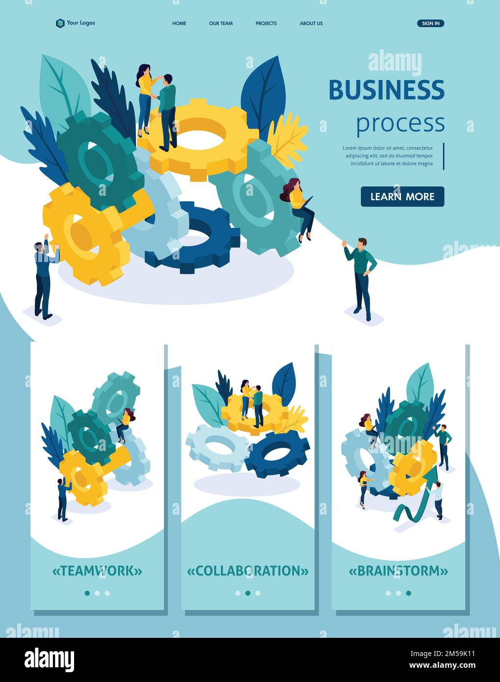 Isometric Website Template Landing page Teamwork, brainstorming, Team ...