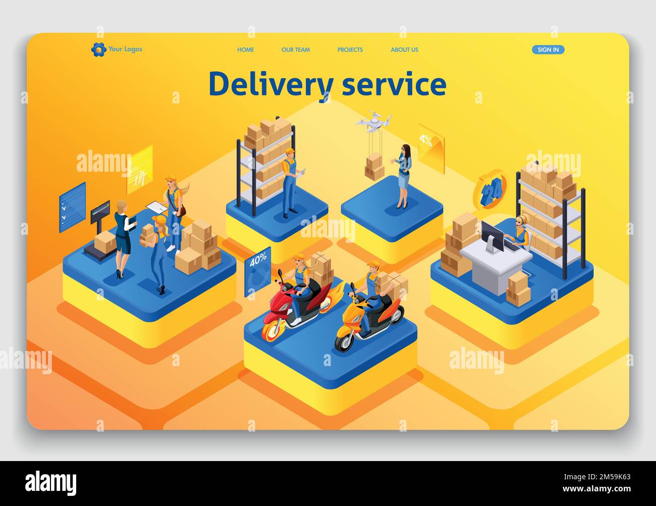 Website template design. Isometric concept working with Delivery ...