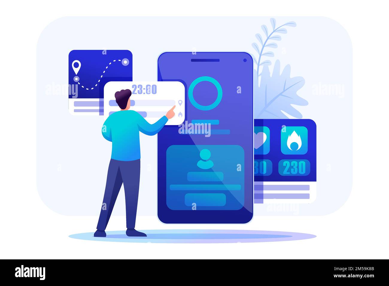 Young Man are working with a fitness bracelet management App. Header ...