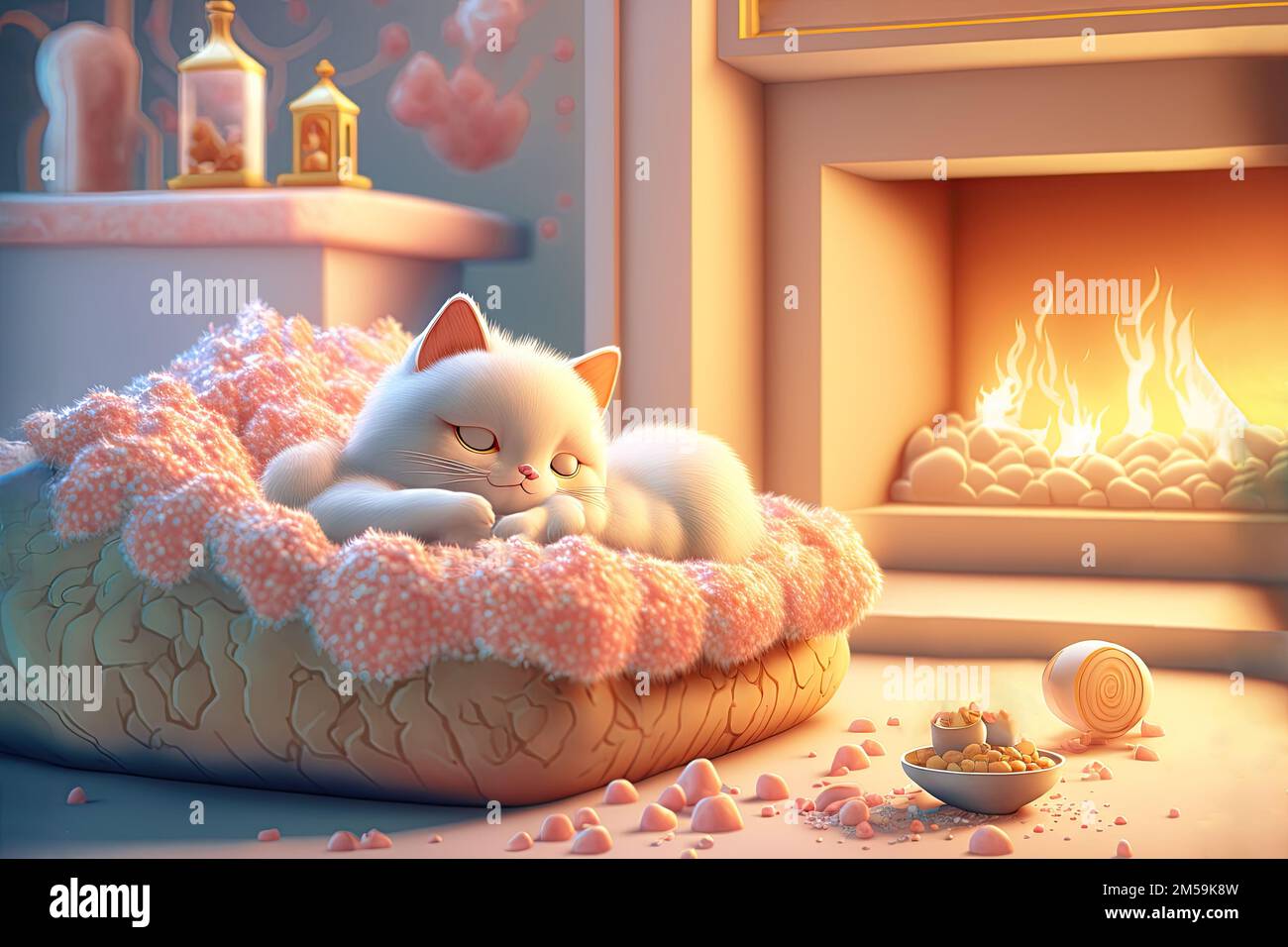 cartoon cat snuggled up in its bed with the winter snow drifting down ...