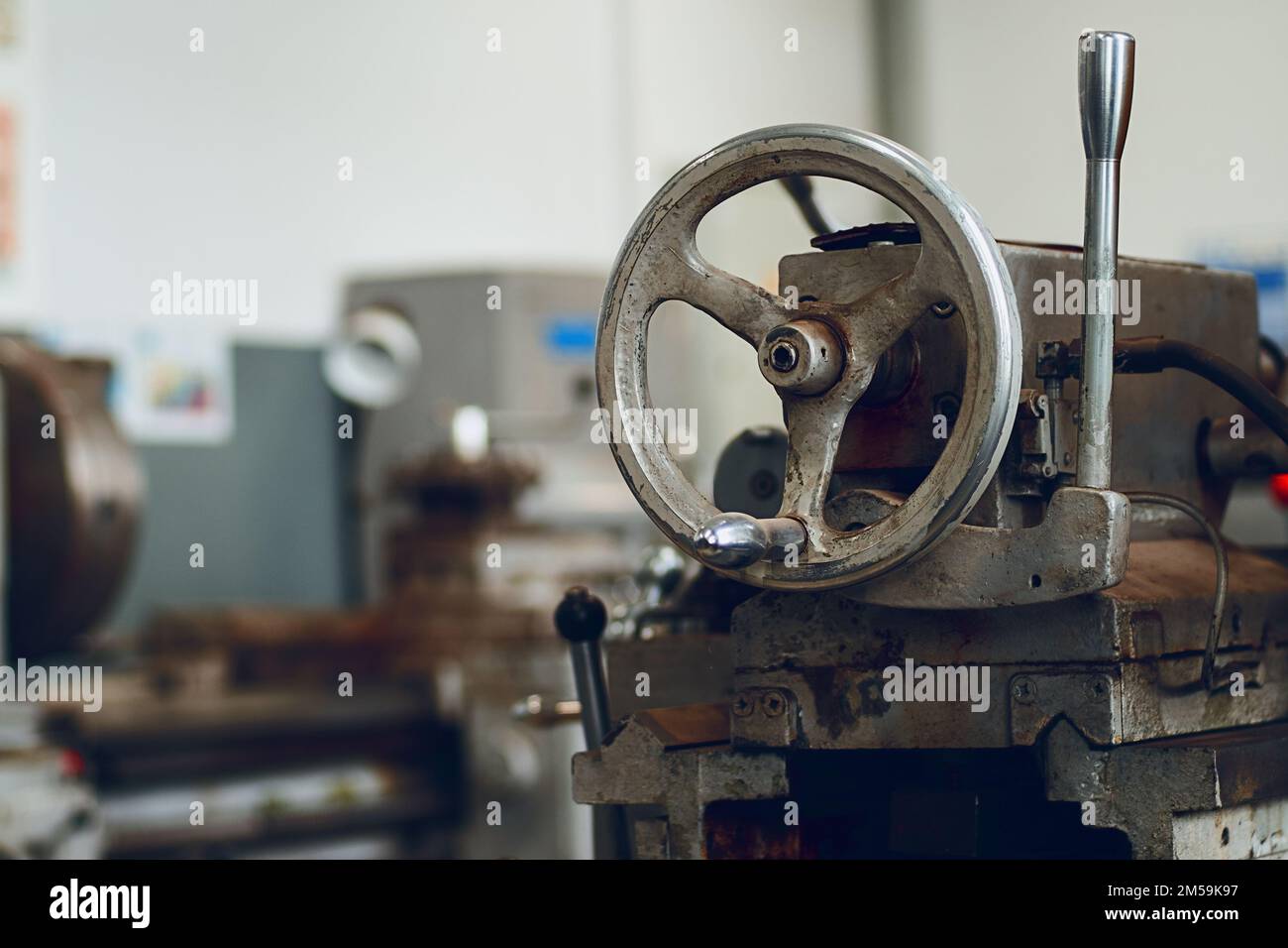 Old lathe for metal processing. Type of metal machine parts in lathe ...