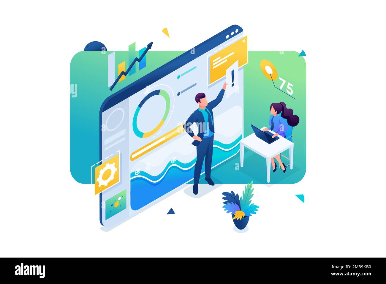 Young entrepreneurs are working on data analysis. Work with graph ...