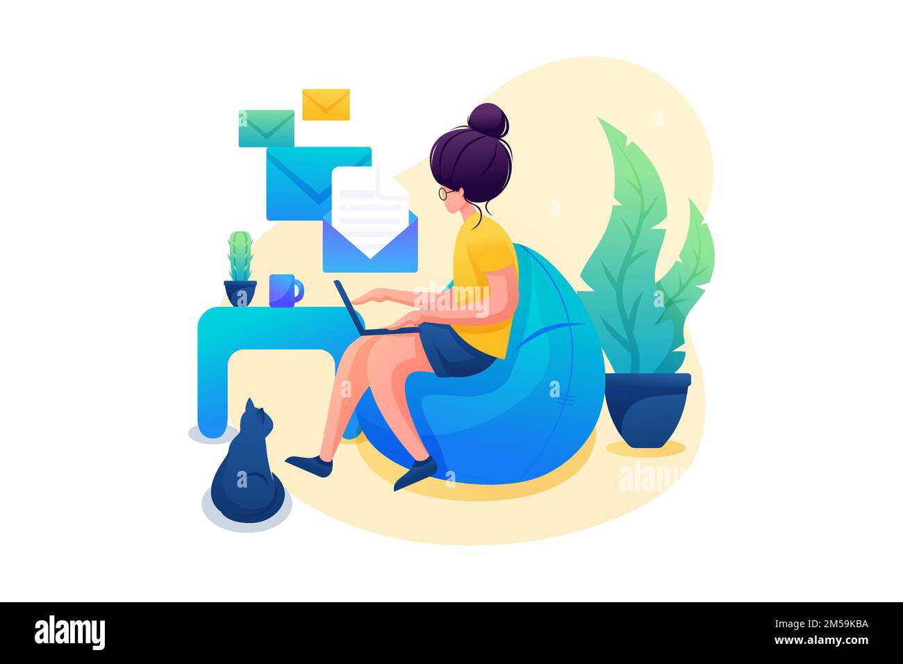 Young girl works at home, Remote work, sending messages. Flat 2D ...