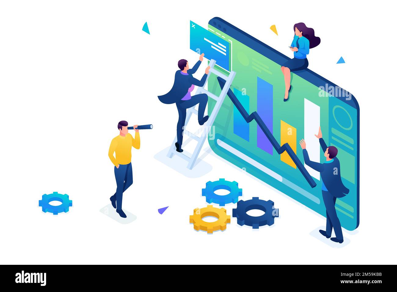 Young people collect information for data analysis. 3D isometric ...