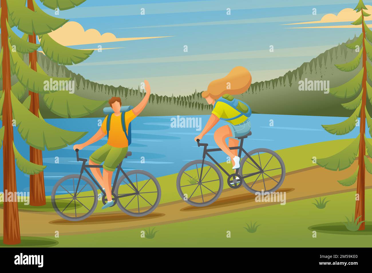 Young people on a bike ride, Cycling, camping. Outdoor recreation. Flat ...