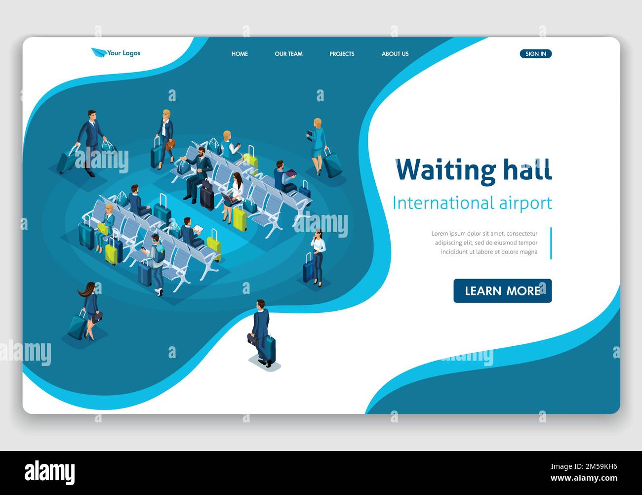 Website Template Landing page Isometric concept Passengers in the Waiting Room, International ...
