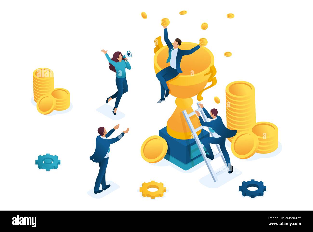 Isometric the success of teamwork, the joy of the boss and employees ...