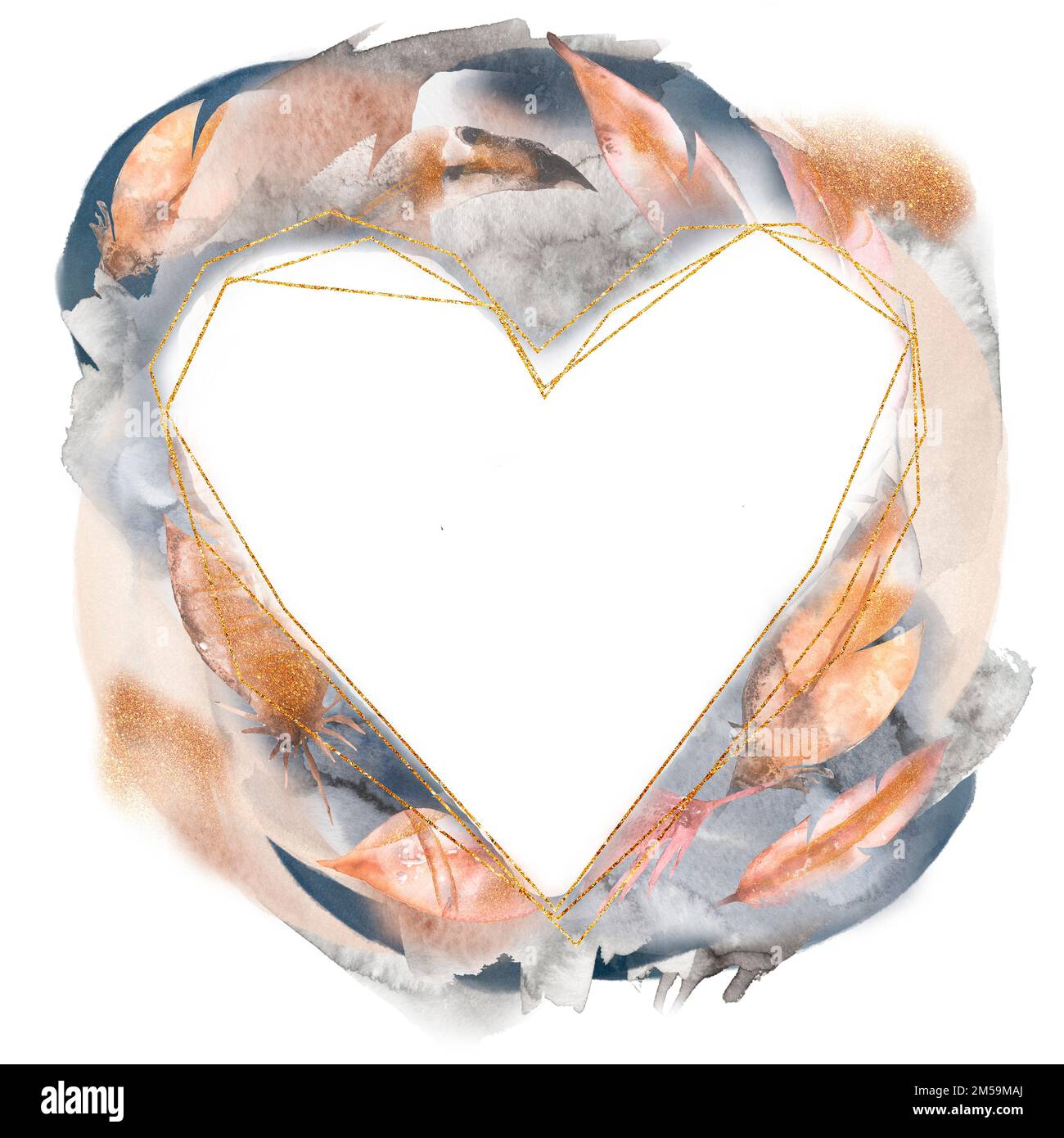 Watercolor hand drawn abstract feathers heart wreath illustration ...